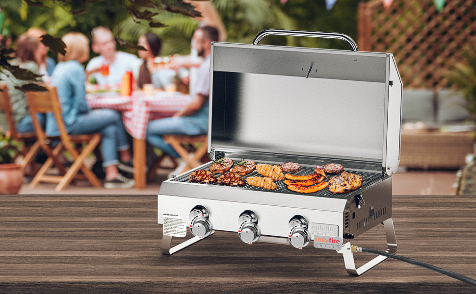 Onlyfire Portable Tabletop Gas Grill 3 Burners, 24" Propane Grill with Legs